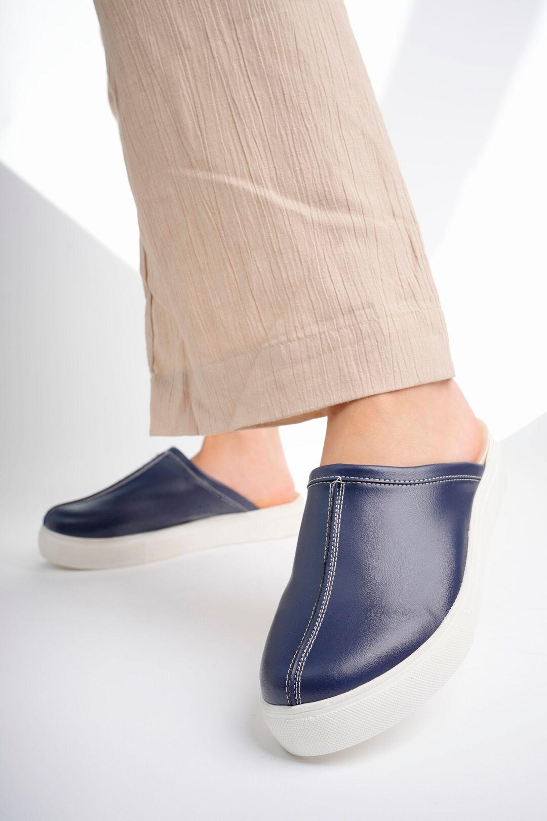 Navy Blue Leather-look Slipper Clogs for Women – Casual Slip-on Comfort ...