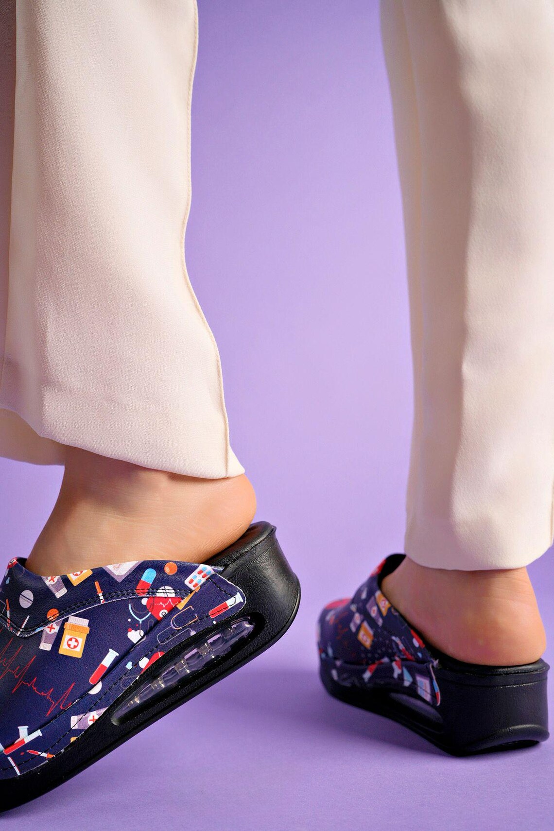 Navy Air Clogs With Red Heartbeat Print – Orthopaedic Leather Slip ...