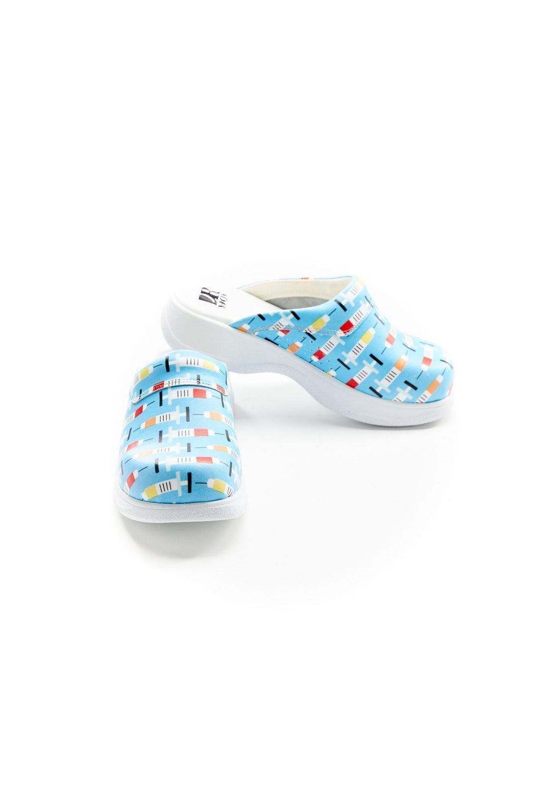 White Orthopaedic Nurse Clogs With Colorful Syringe Print – Lightweight ...