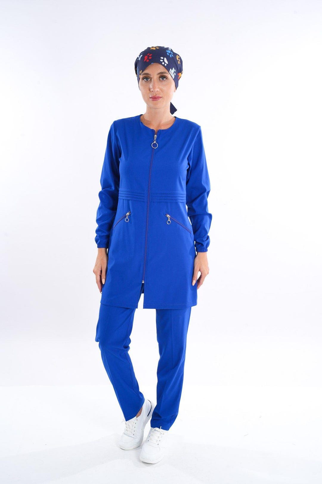 Stylish Royal Blue Medical Scrub Suit for Women – Modest Zip Front ...