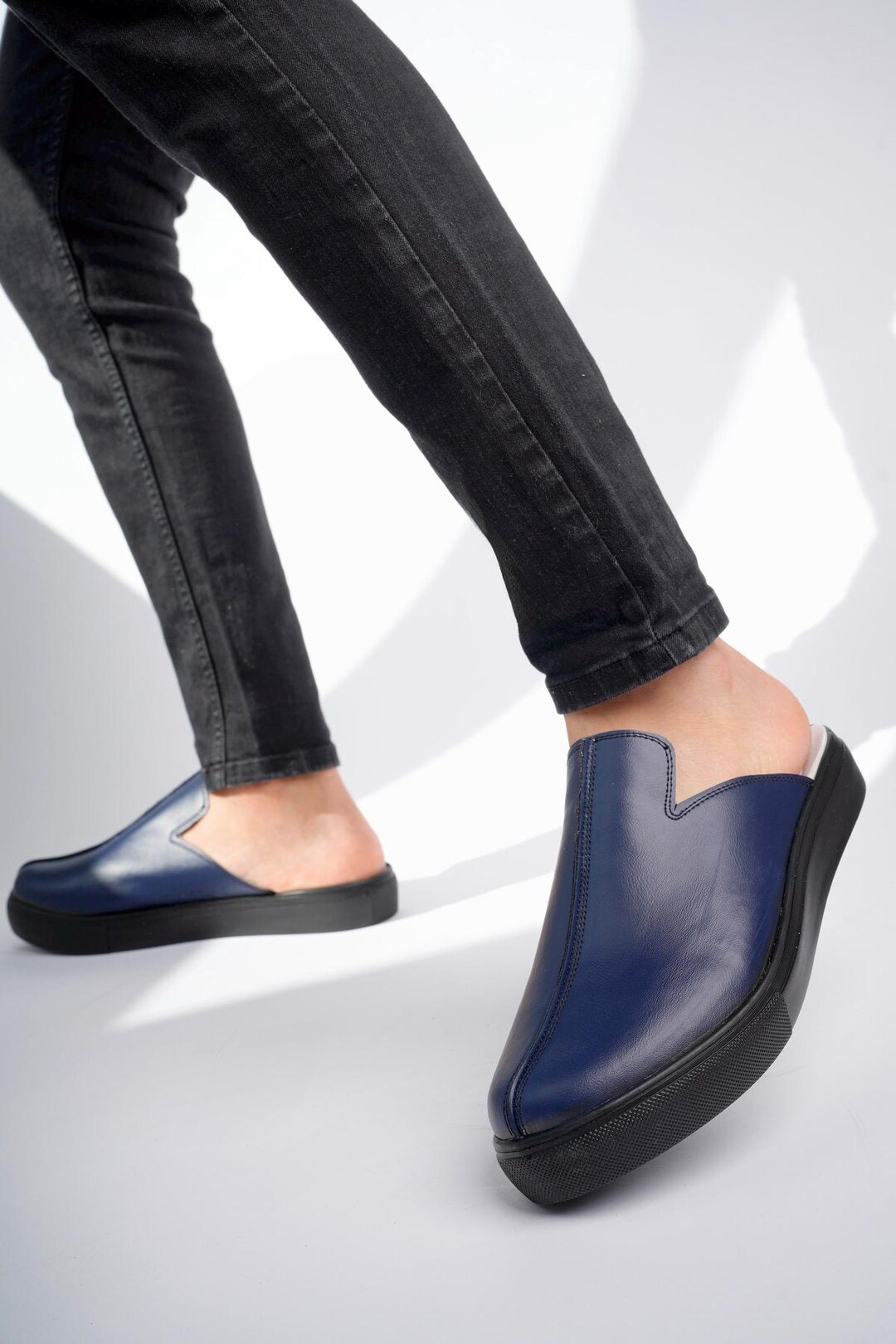 Men's Leather Clogs in Navy Blue – Slip-on Orthopaedic EVA Sole ...
