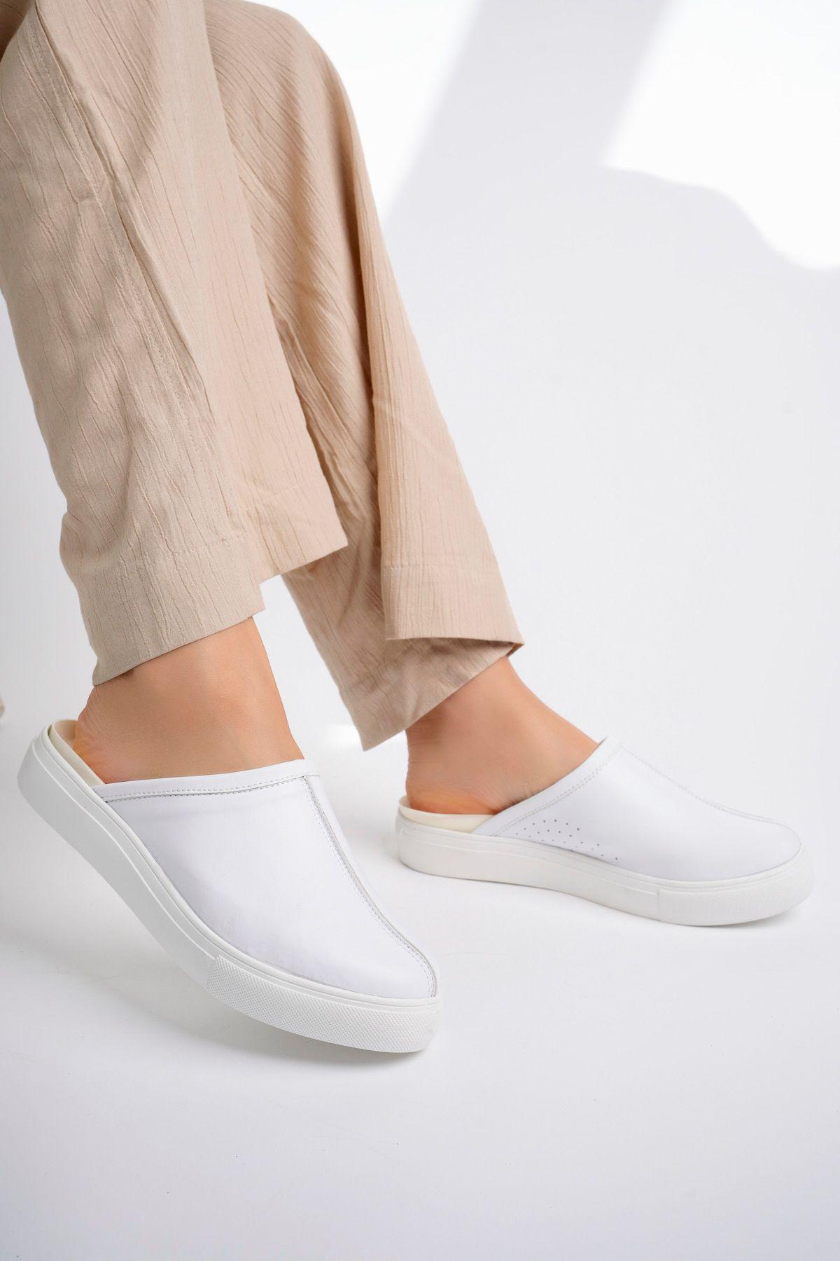 White Comfort Leather Slippers for Women – Minimalist Orthopedic Clogs ...