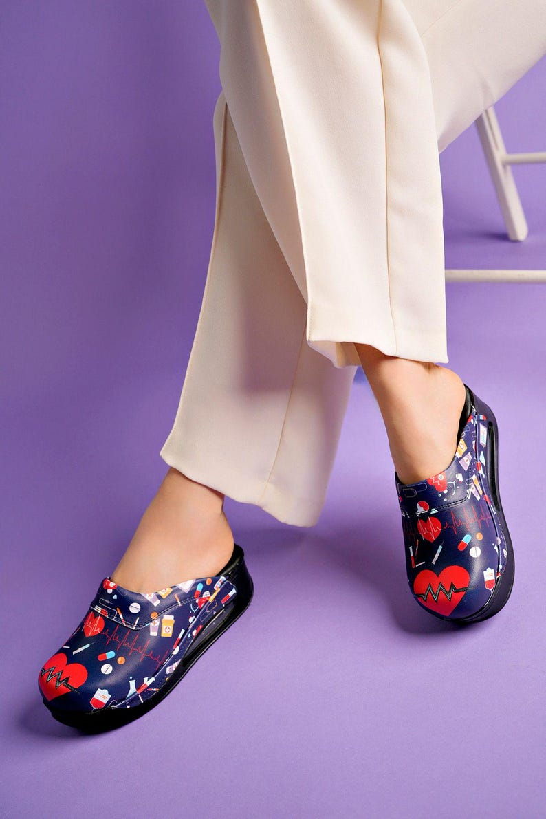 Navy Air Clogs With Red Heartbeat Print – Orthopaedic Leather Slip ...