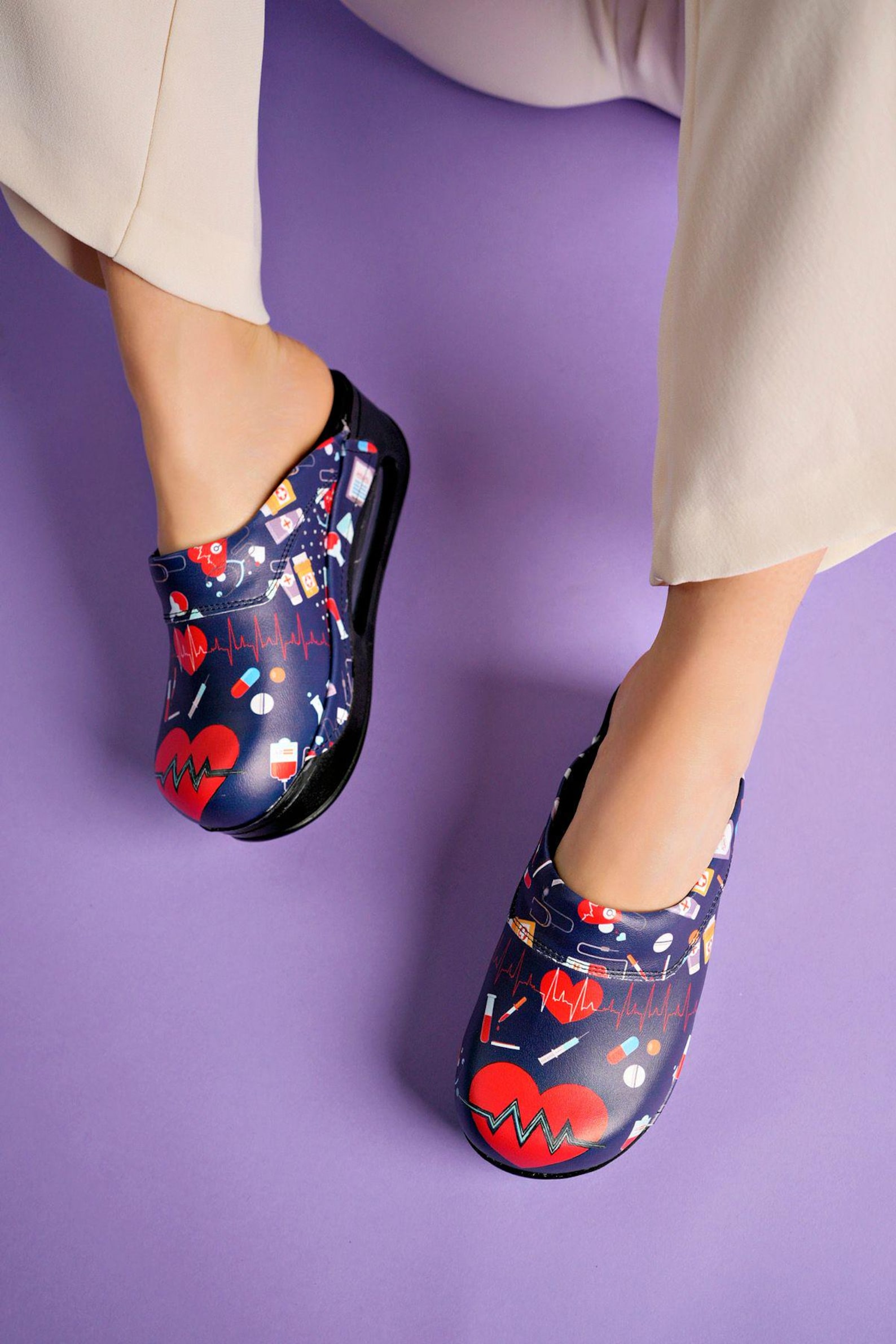Navy Air Clogs With Red Heartbeat Print – Orthopaedic Leather Slip ...