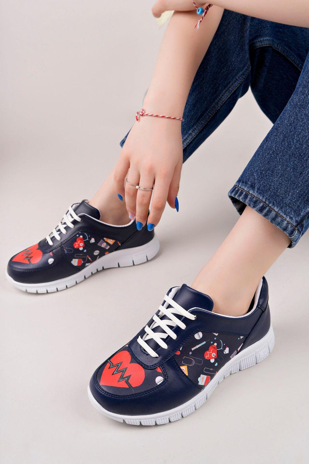 Navy Blue Nurse Teddy Sneakers, Medical Print Healthcare Shoes for ...