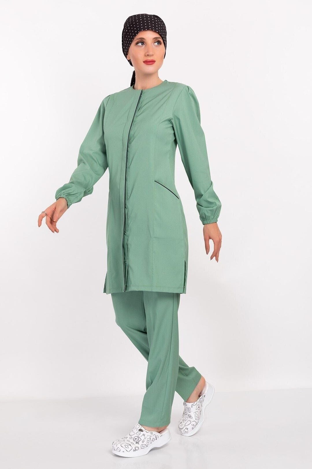 Women’s Mint Green Medical Scrubs Set With Long Tunic and Drawstring ...