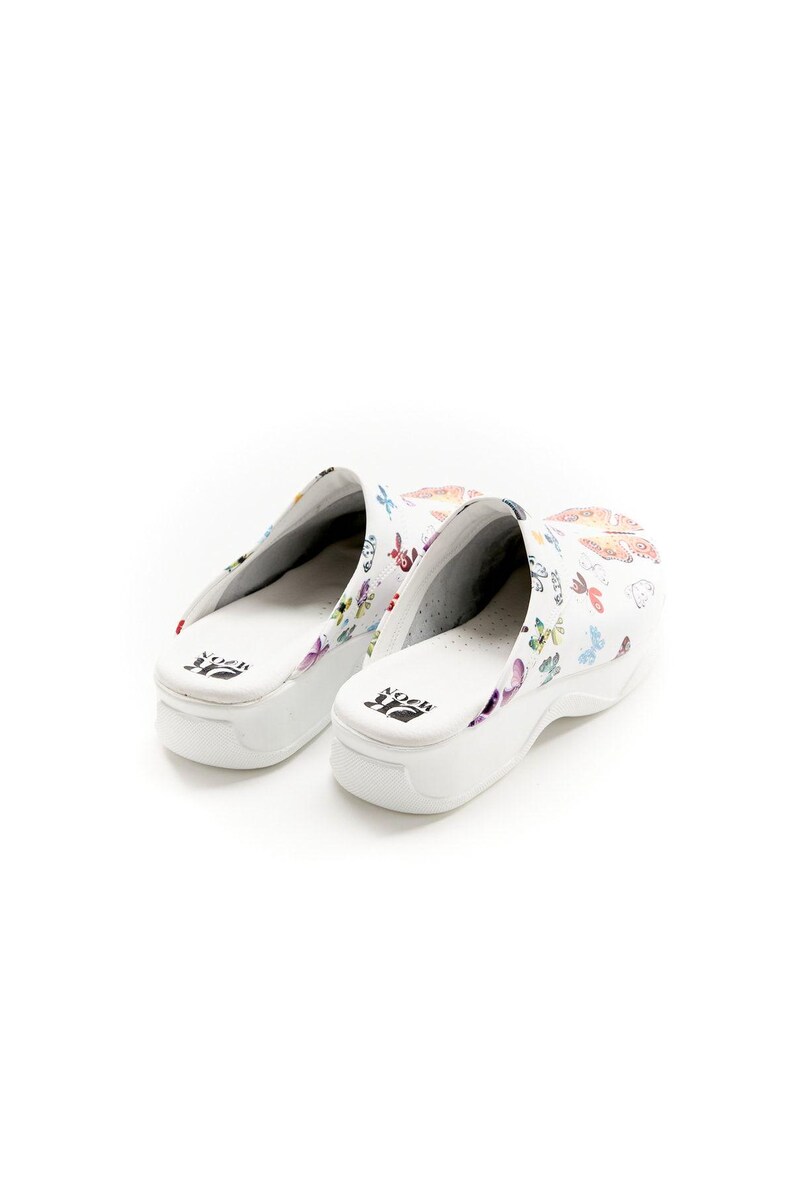 White Wedge Heel Medical Clogs With Colorful Butterfly Print ...