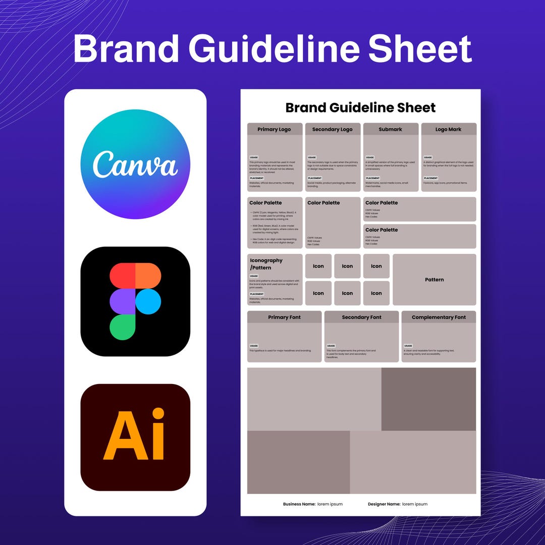 Brand Guideline Template | Canva Adobe Illustrator Figma | Editable Modern Branding Sheet - Etsy