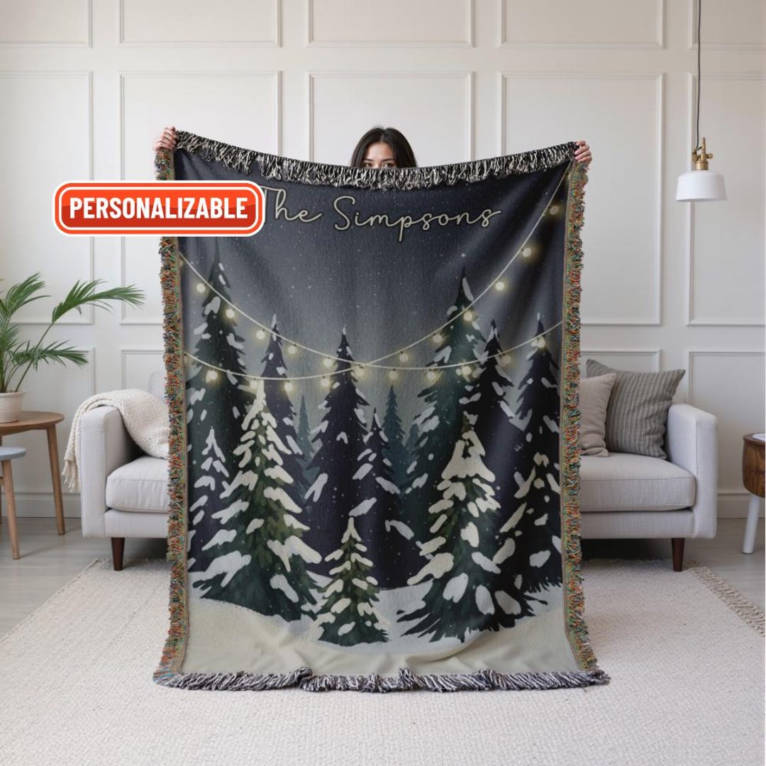 Personalized Snowy Forest Woven Blanket, Winter Cabin Throw, Cozy ...