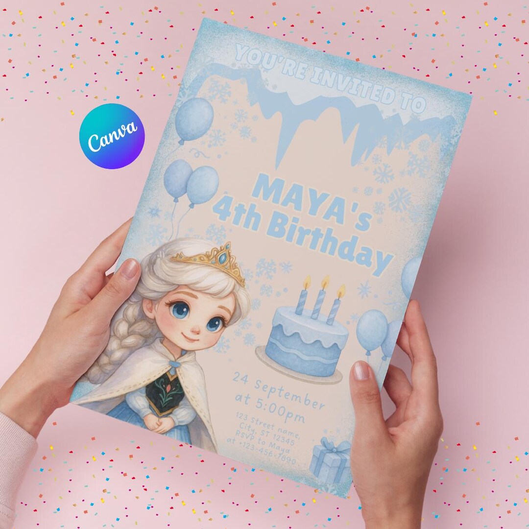 Frozen Princess Birthday Invitation – Editable Winter Wonderland Party Invite – Ice Blue Theme ...