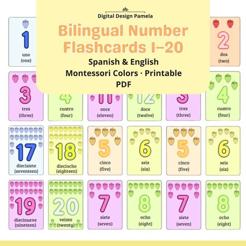Spanish English Number Flashcards 1–20 – Soft Montessori Colors ...