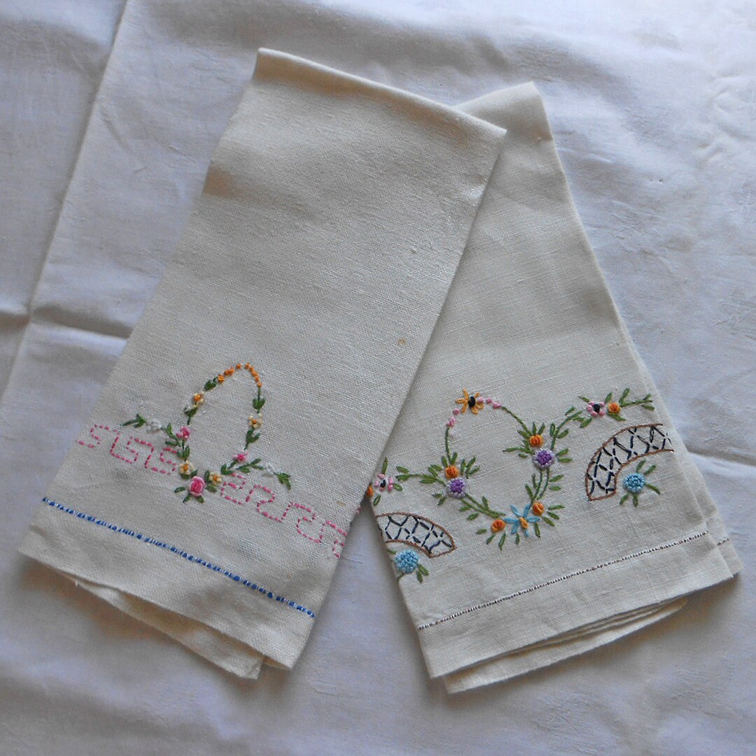 2 LINEN TEA TOWELS Slow Stitch Arts & Crafts Flower Garlands Dainty ...