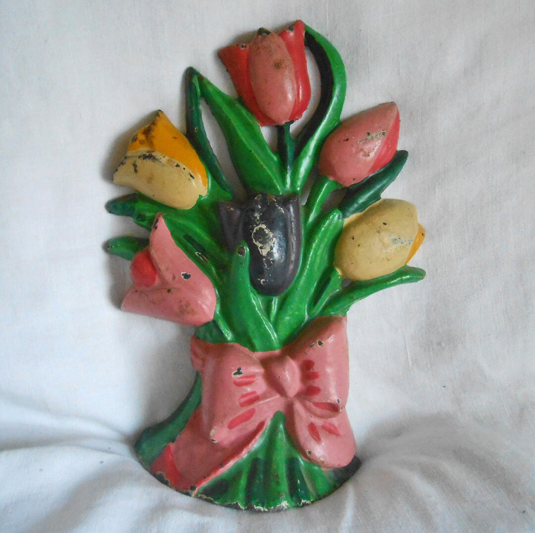 Cast Iron Tulips Door Stop Spring Blooms Sassy Pink Bow Vintage ...