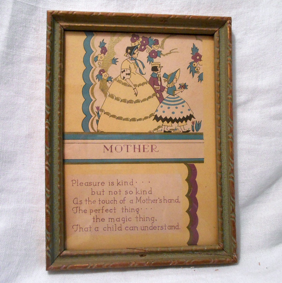 MOTHER MOTTO Litho Print Vintage Art Deco Poem Mom & Children Walking ...