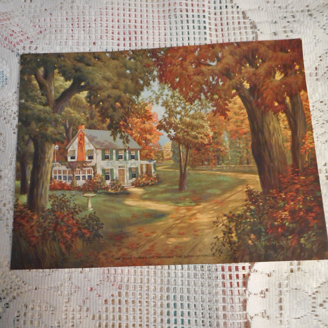 Autumn COUNTRY HOME SCENE Litho Print Mid Century House Colorful Trees ...