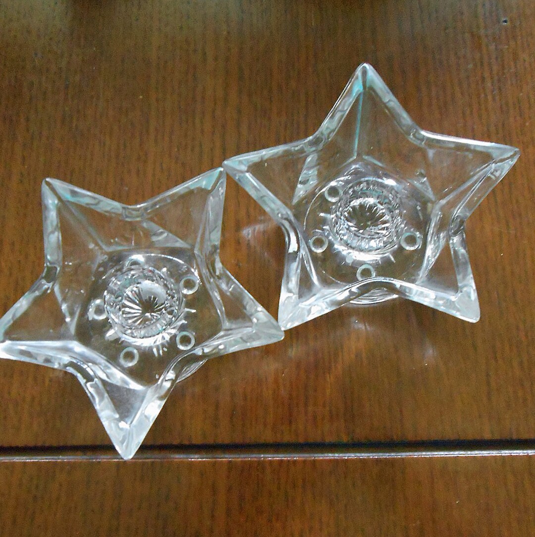 2 Hazel Atlas CLEAR GLASS CANDLE Holders Pressed Star Shapes 4.5 X 1.25 ...