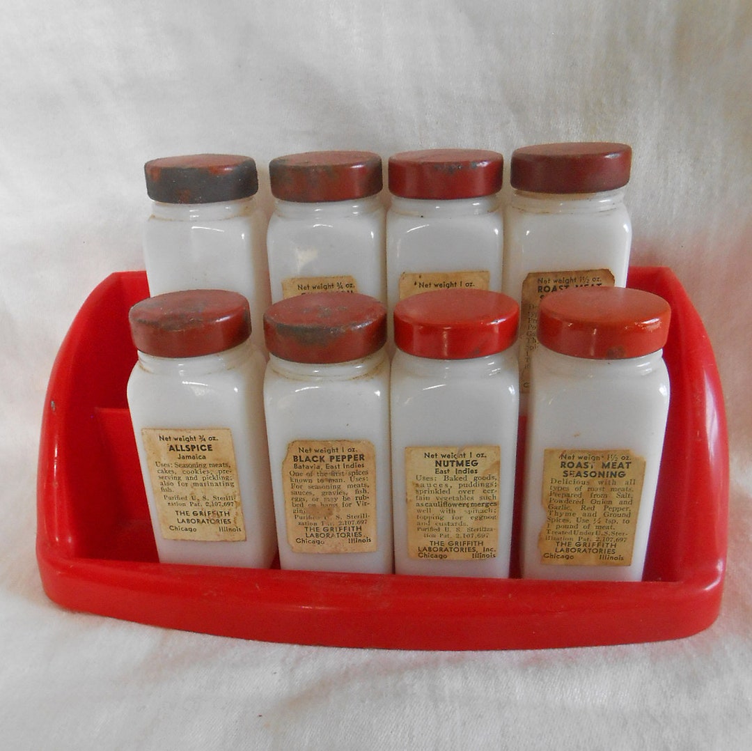 Griffith MILK GLASS 8 SPICE Jars Set in Art Deco Red Bakelite Hanging ...