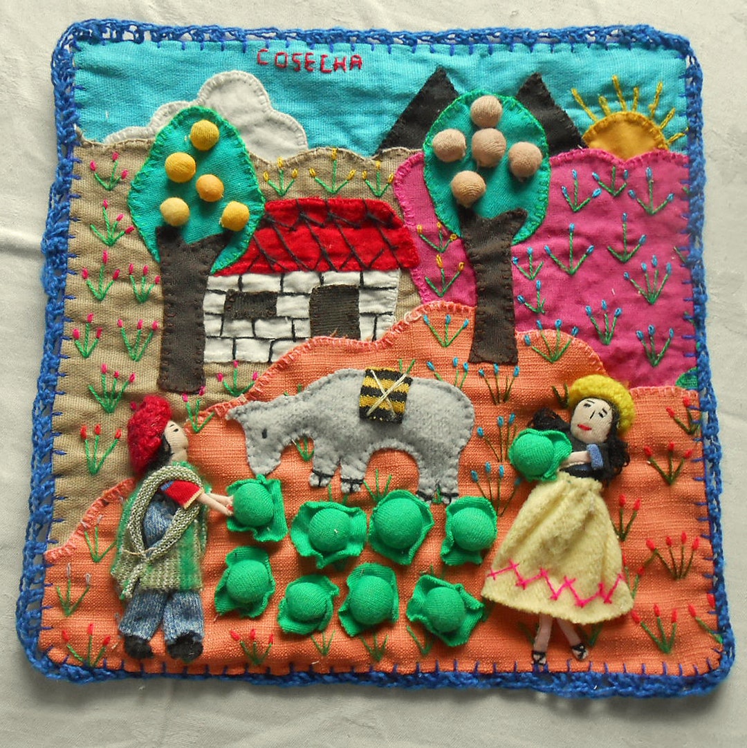 PERU ARPILLERA Ethnic Folk Art 3-D Wall Tapestry Farmers Cabbage ...