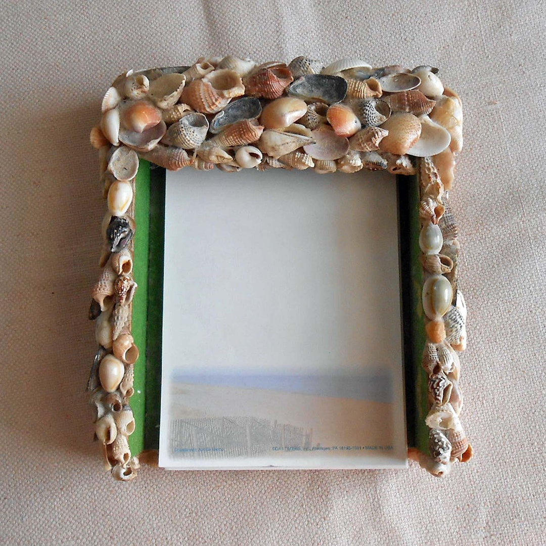 SEA SHELL ART Note Paper Holder Wood Frame With Mini Beach Finds Clam ...