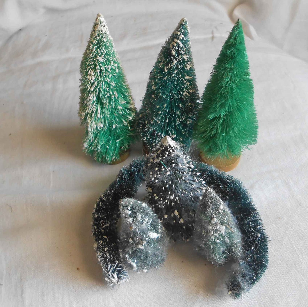 6 BRISTLE BRUSH CHRISTMAS Trees & Band Snow Flocked Textured Green ...