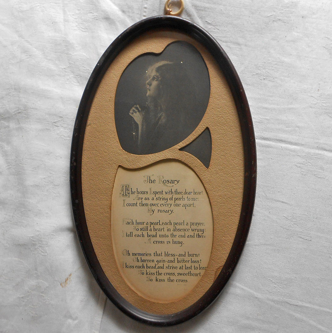 Framed ROSARY POEM Sepia Litho Print Antique Metal Oval Die Cut ...
