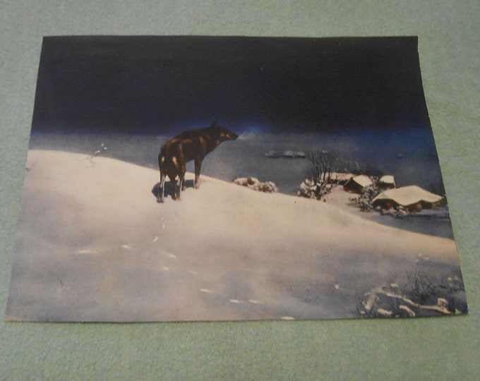 Original 1920s LONE WOLF Iconic LITHO Print, Snowy Hill Moonlit Homes ...