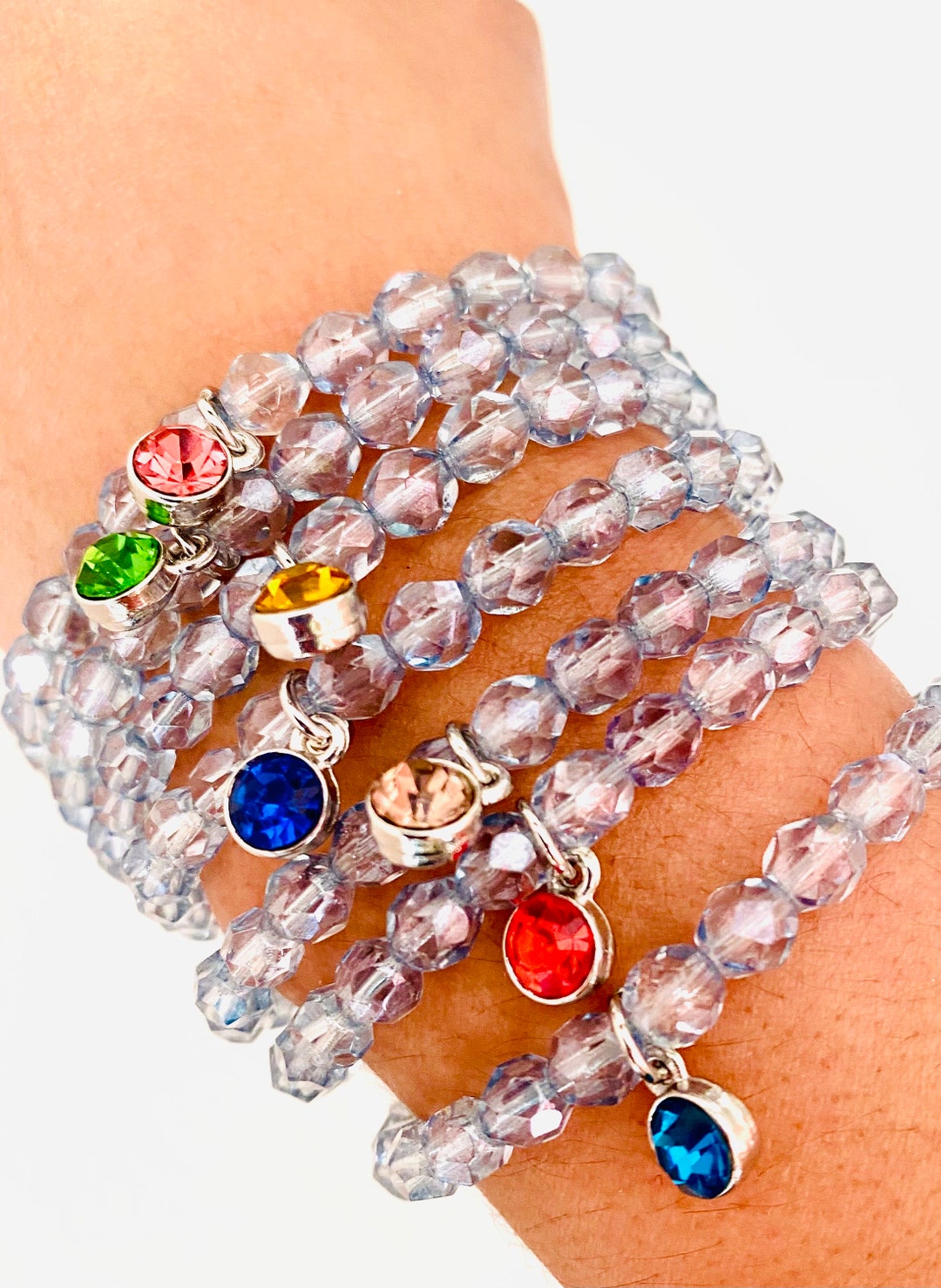 Birthstone Charm Bracelet, Silver Plated Beaded Crystal Bracelet ...