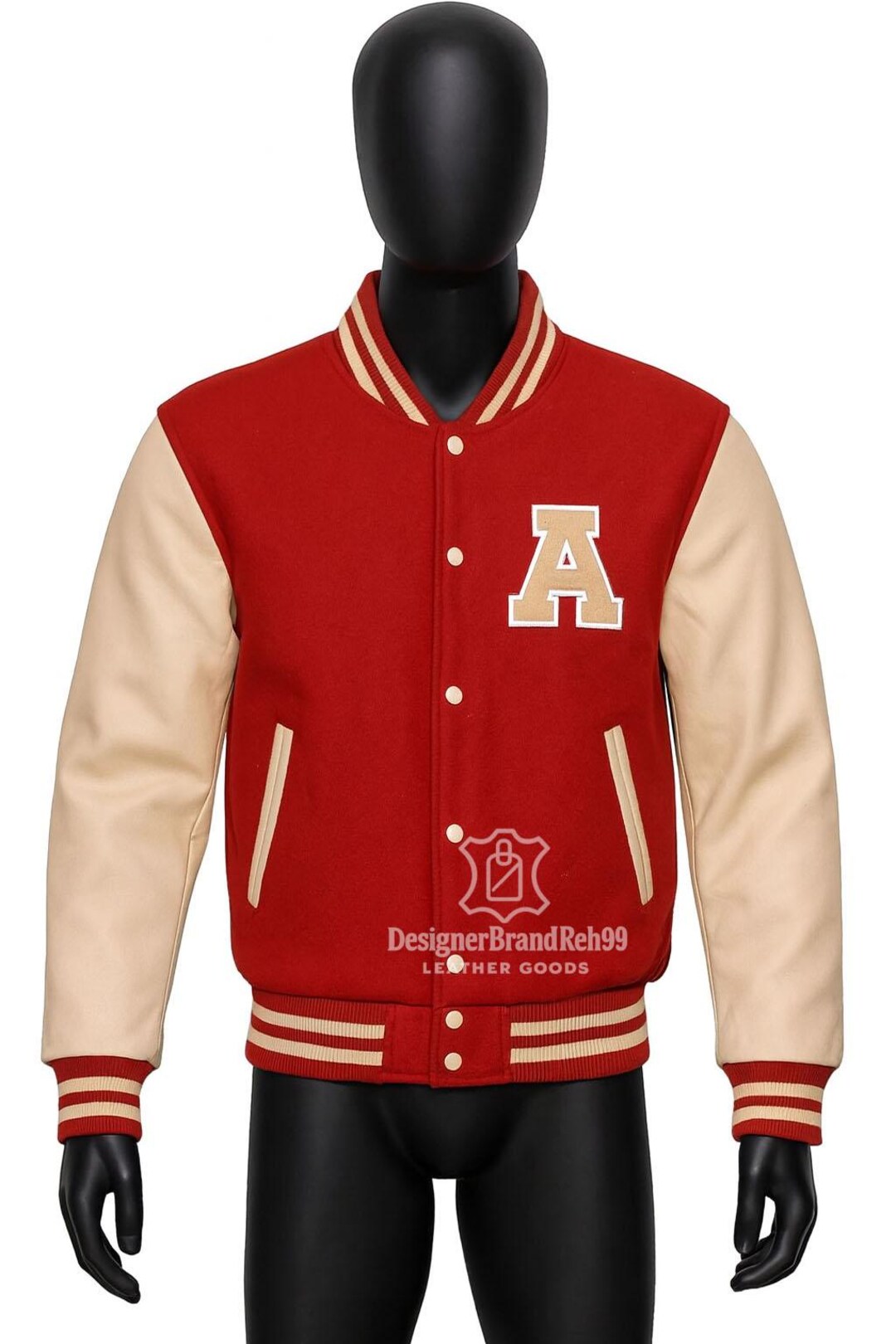 Men’s Varsity Letterman Jacket | Red Wool Body & Beige Faux Leather ...