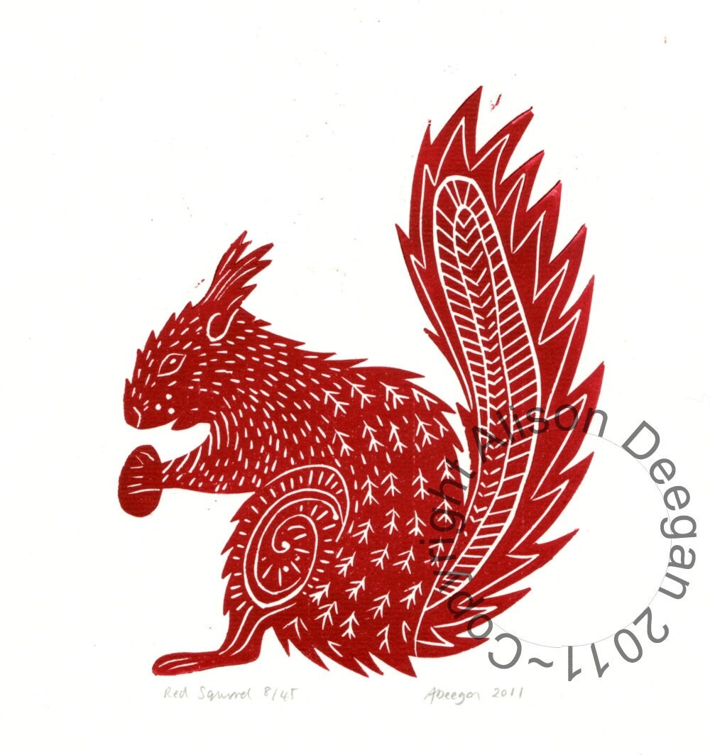 Prints Wood & Linocut Prints Red Squirrel Original lino print with ...