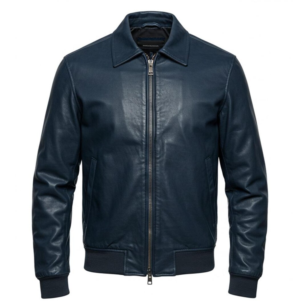 Men's Navy Blue Leather Bomber Jacket, Real Lambskin Casual Zip-up ...