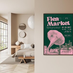 Vintage Flea Market Printable Poster – 18x24" Pink & Green Retro Wall ...