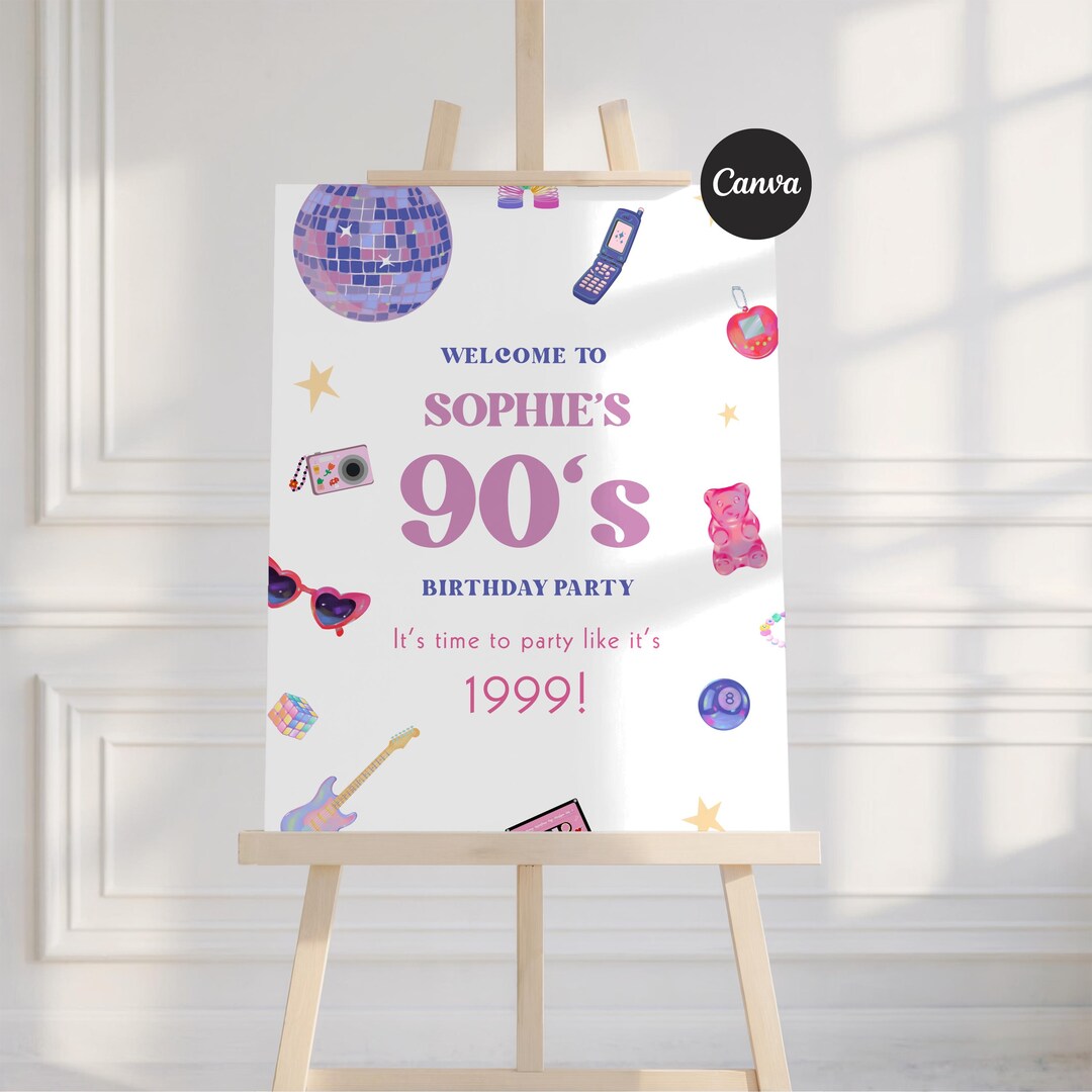 90s Birthday Welcome Sign Template, Retro Party Decor (canva Editable ...