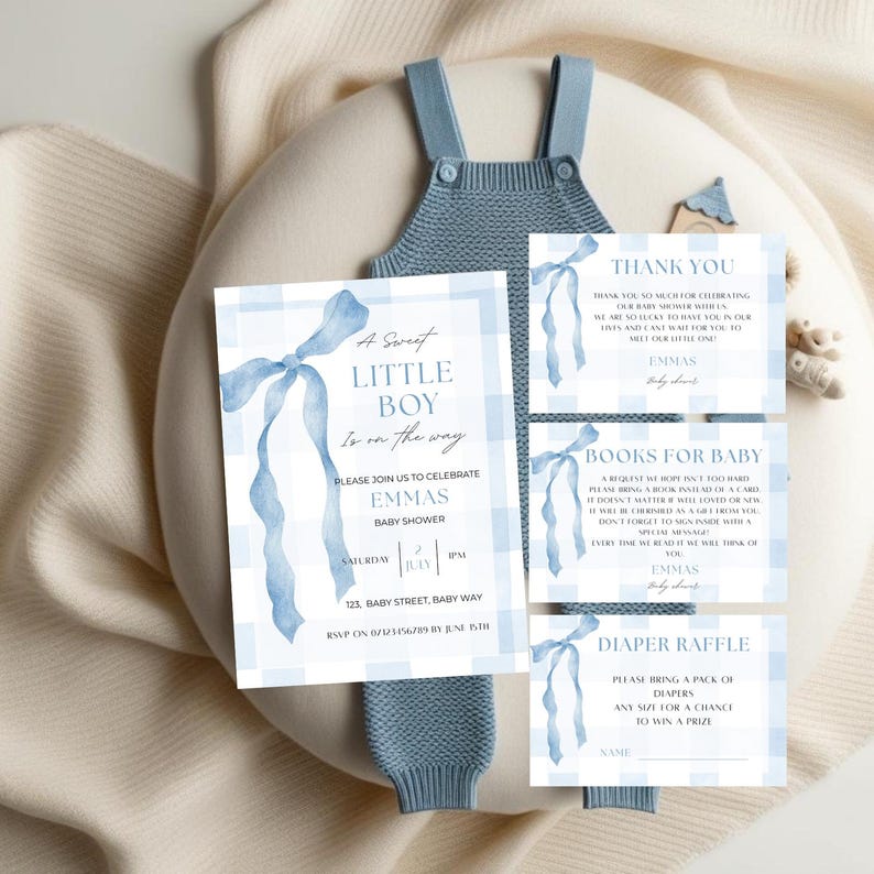 Blue Gingham Baby Shower Invitation Bundle: Canva Template Set, BS01 - Etsy