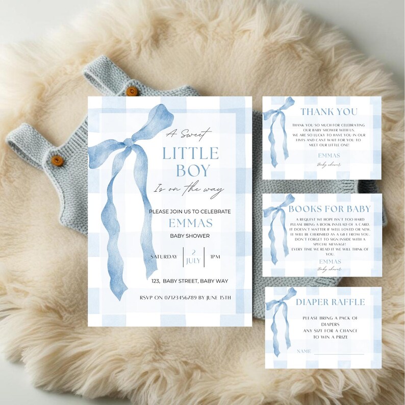 Blue Gingham Baby Shower Invitation Bundle: Canva Template Set, BS01 - Etsy
