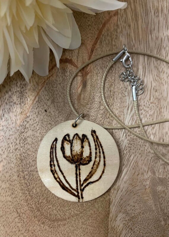 Tulip Flower Pyrography Wood Necklace Pendant - Etsy