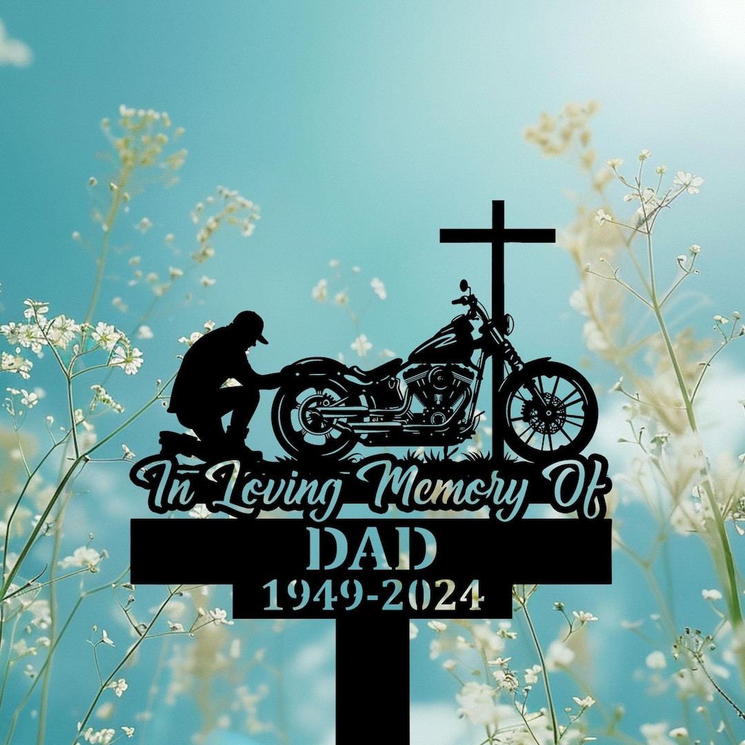 Personalized Biker Grave Marker, Biker Kneeling at Cross Memorial ...