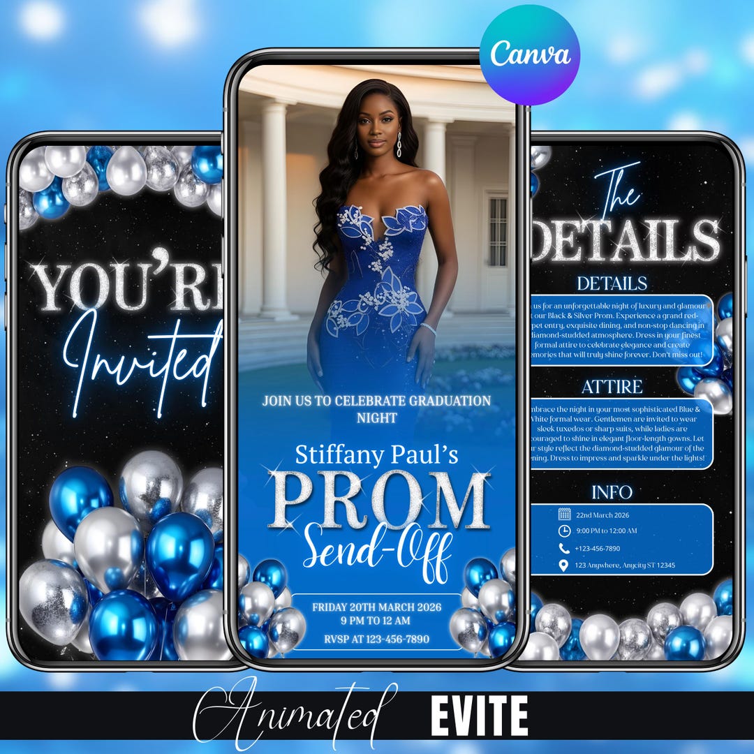 Prom Party Invitation, Digital Blue Prom Send off Invite, Animated ...