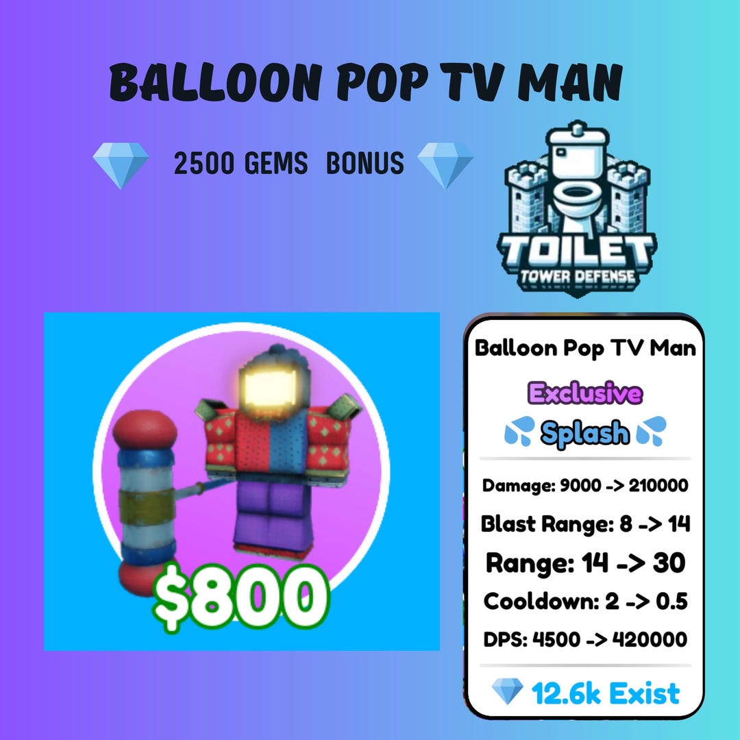 Balloon Pop TV MAN | Toilet Tower Defense | TTD | Roblox | Units + 500 ...