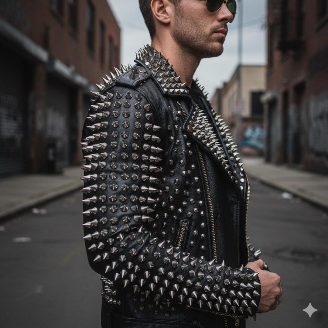 Spiked Black Leather Biker Jacket – Gold Dome Studded, Luxury ...