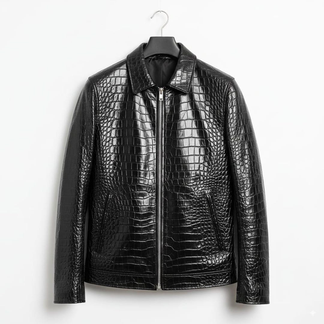 Handmade Black Crocodile Embossed Leather Jacket: Minimalist Moto Coat ...