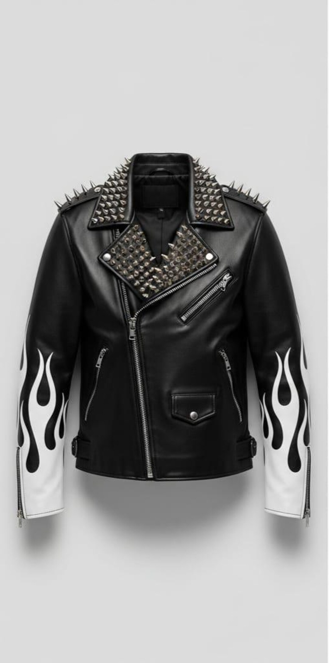 Handmade Black Flame Studded Leather Biker Jacket - Punk Rock Festival ...