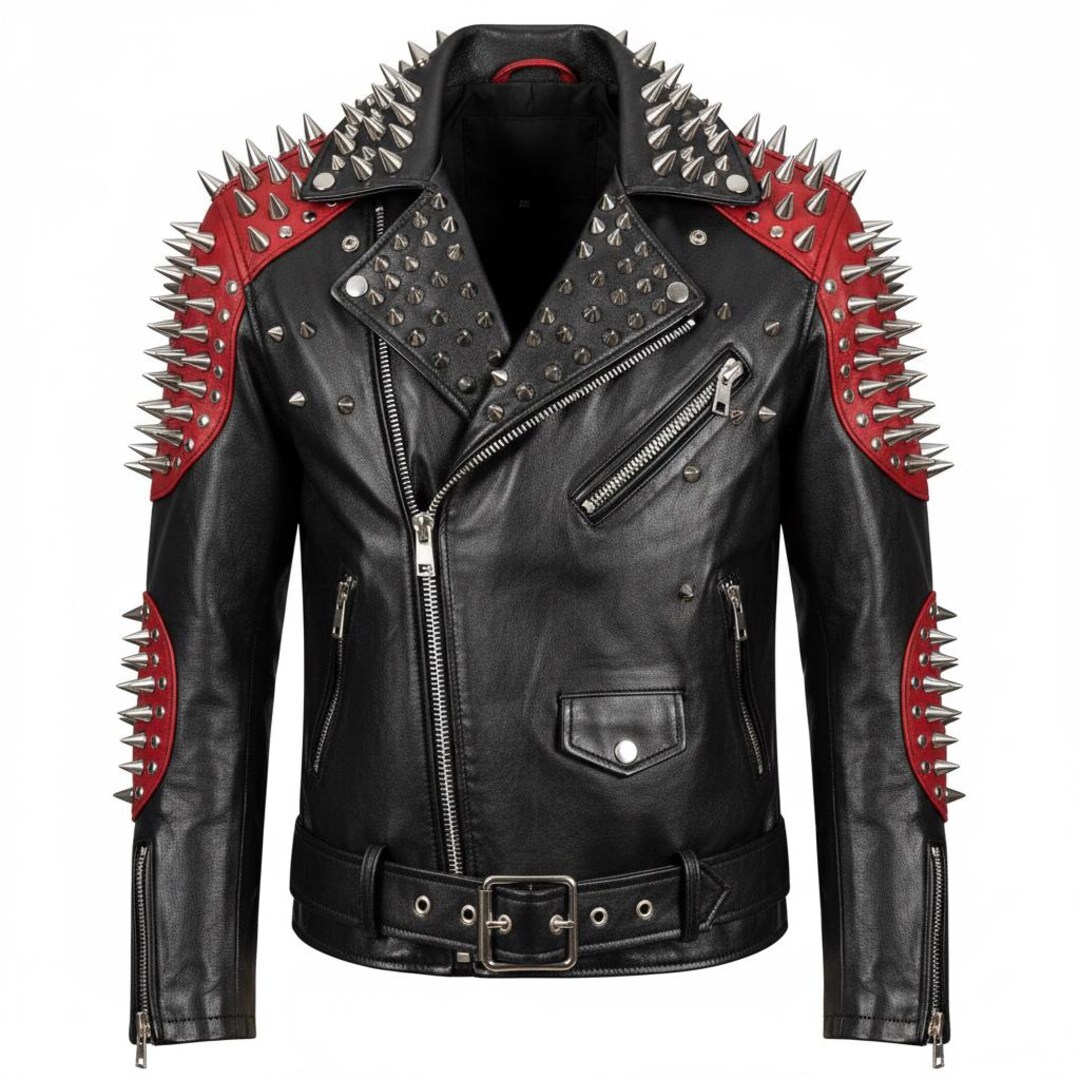 Studded Black Leather Biker Coat | Spiked Punk Rock Moto Wear | Gothic ...