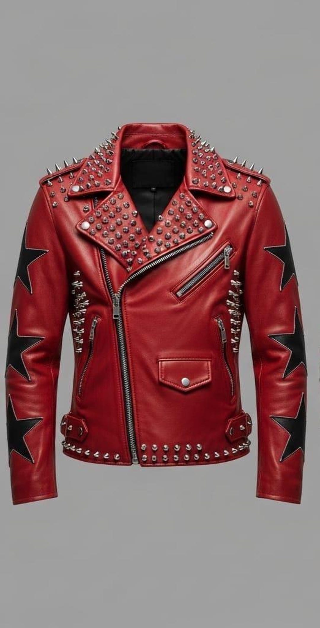 Red Leather Jacket With Black Stars | Studded Biker Jacket | Handmade ...