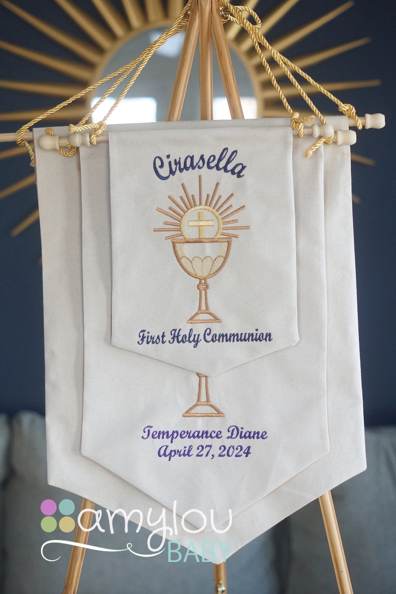 Embroidered First Communion Banner With Blue Flowers - Personalized ...