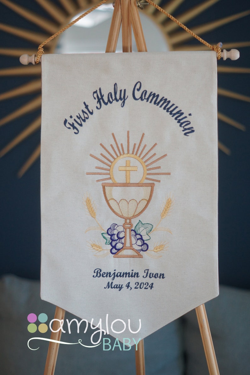 Embroidered First Communion Banner With Flowers - Personalized - 1st ...