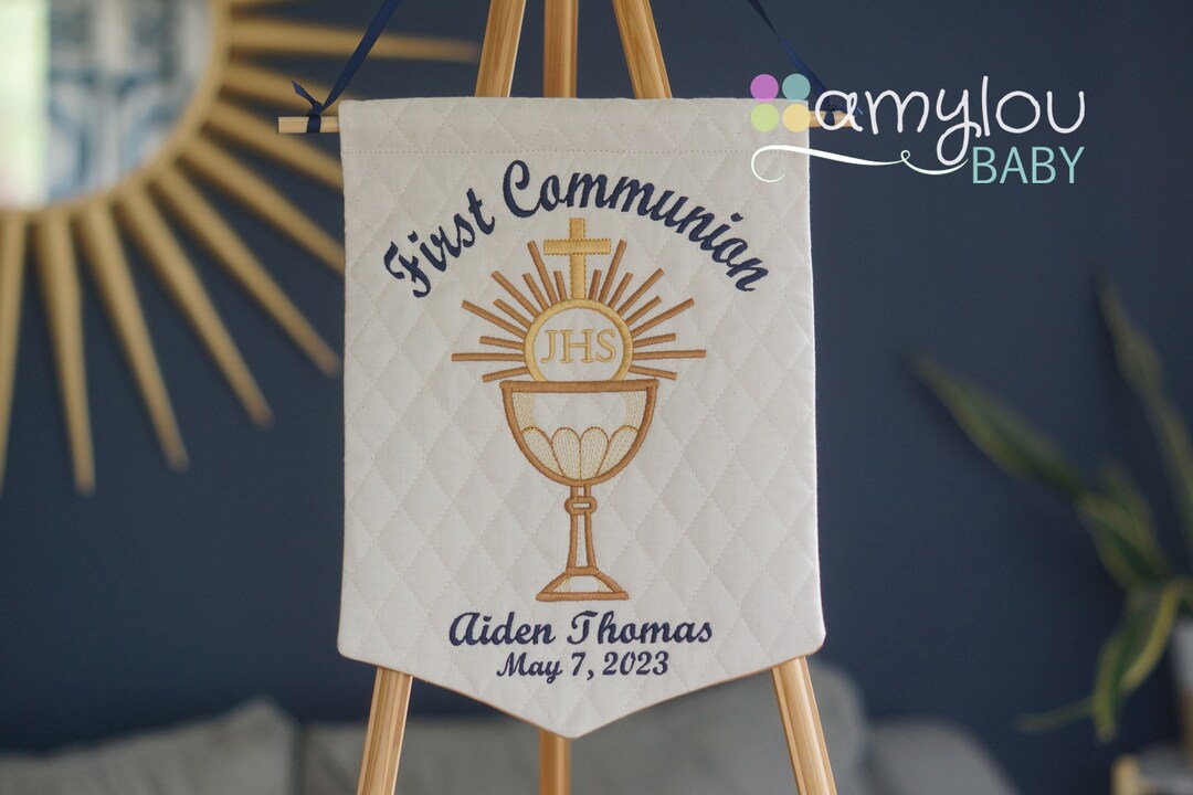 Quilted Embroidered First Communion Banner Navy - Personalized - Holy ...