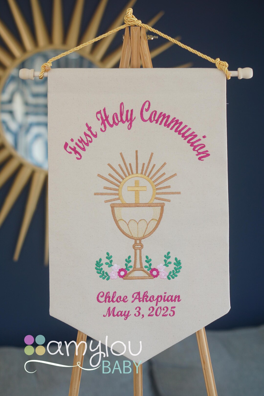 Pink Embroidered First Communion Banner With Flowers - Personalized ...