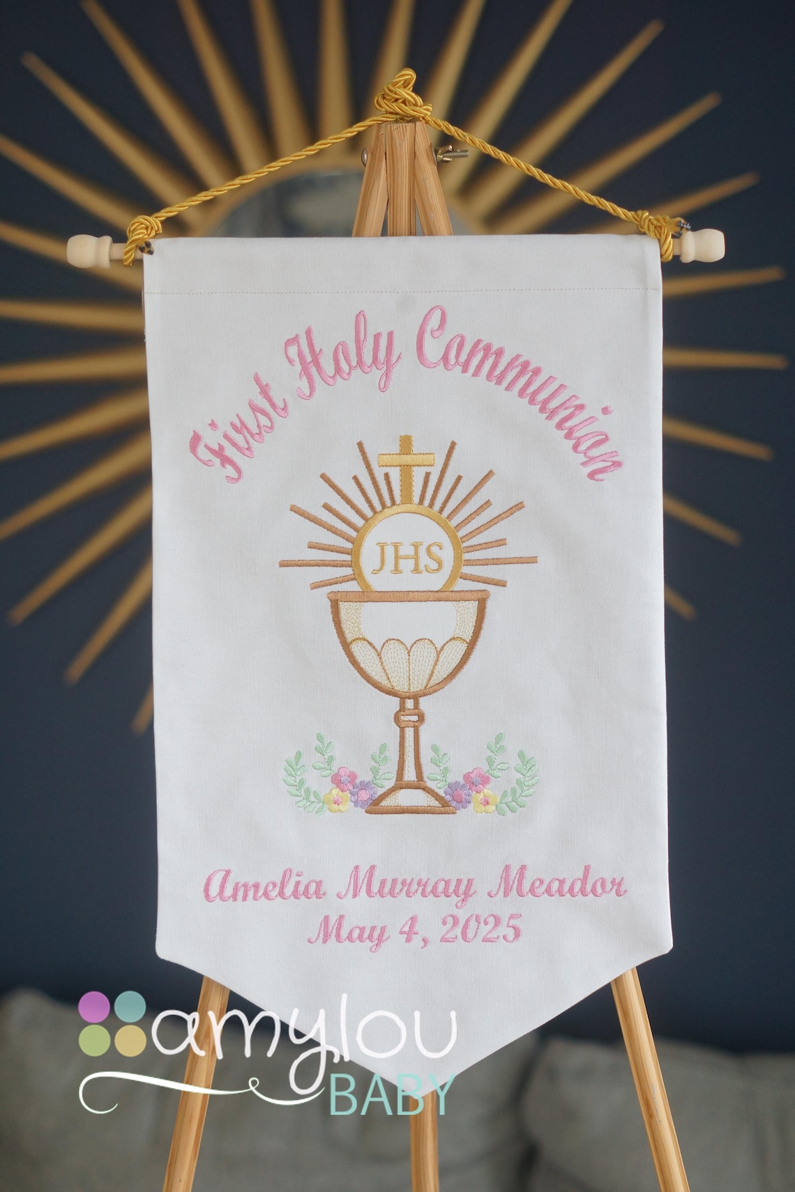 Embroidered First Communion Banner With Blue Flowers - Personalized ...