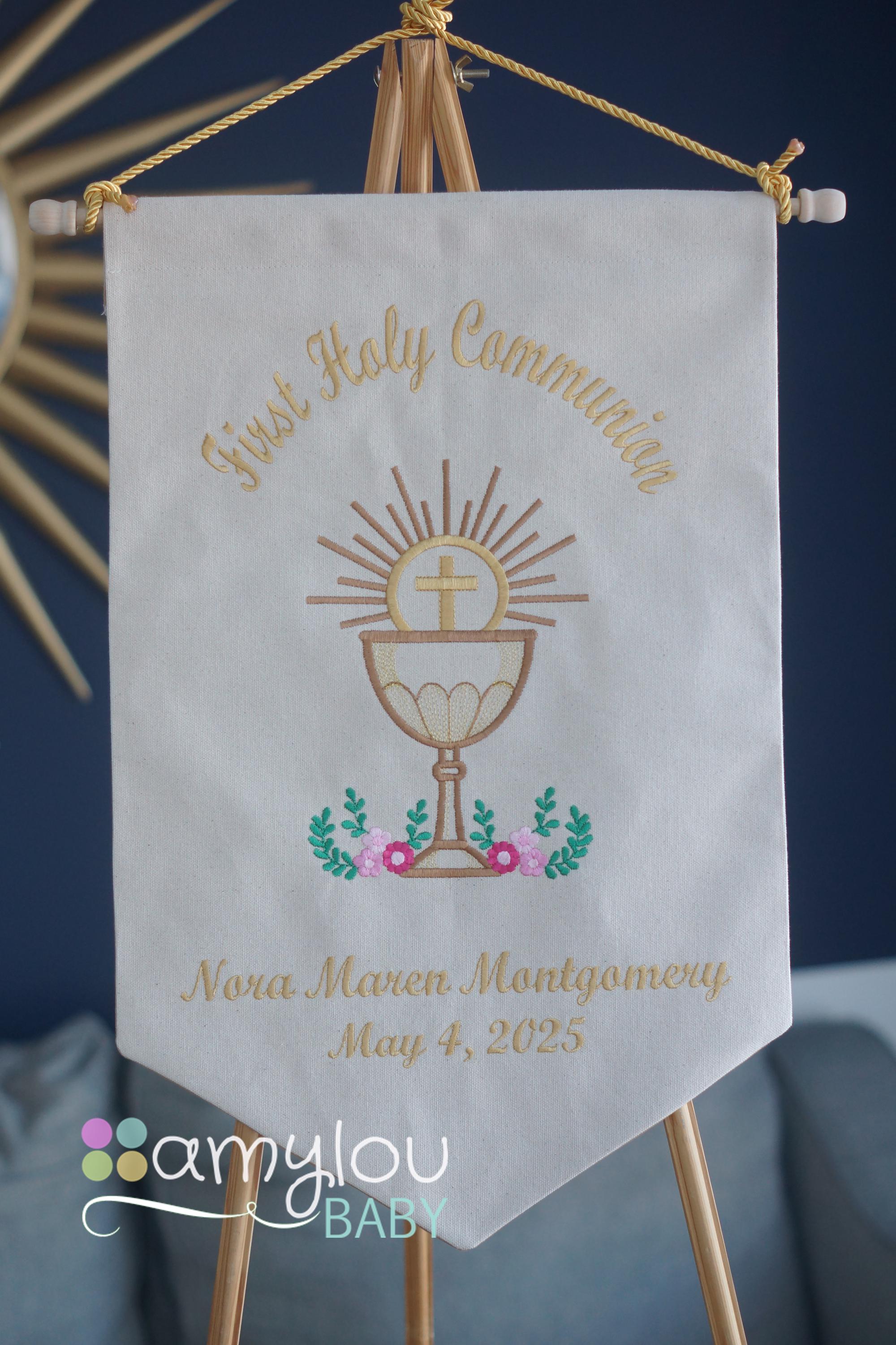 Embroidered First Communion Banner With Blue Flowers - Personalized ...