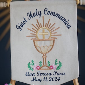 Embroidered First Communion Banner With Blue Flowers - Personalized ...